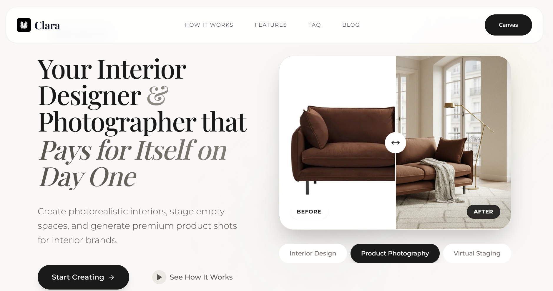 Clara | AI Interior Design, Virtual Staging & Product Photography